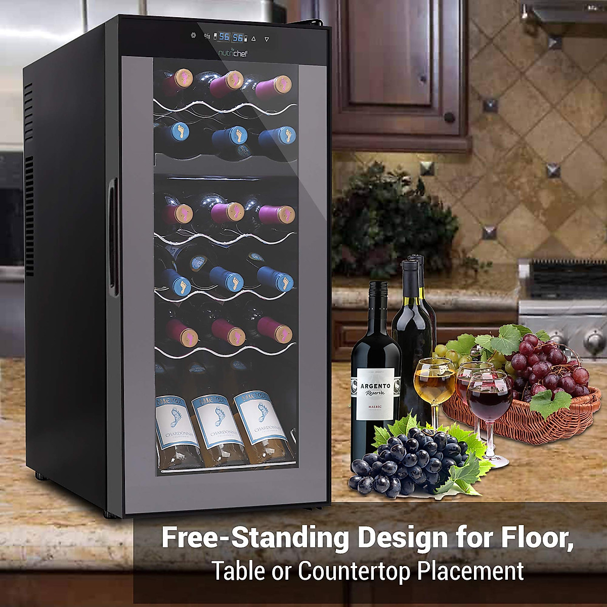 NutriChef PKCWCDS188 Cellar Cooler for White and Red Wines Chiller, 18 Bottle Dual Zone-Black