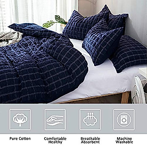Merryfeel Seersucker Duvet Cover Set King,100% Cotton Yarn Dyed Seersucker Woven Check Bedding Set,3 Pieces(1 Duvet Cover with 2 Pillowshams),Navy Color King