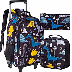 3PCS Kids Rolling Backpack, Boys Roller Wheels Bookbag, Wheeled School Bag with Lunch Bag - Dinosaur