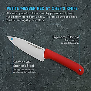 Messermeister Petite Messer 5” Chef’s Knife, Red - German 1.4116 Stainless Steel & Ergonomic Handle - Lightweight, Rust Resistant & Easy to Maintain