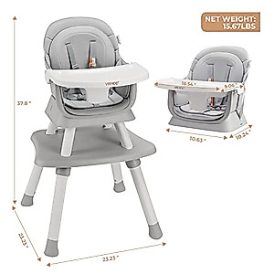 VEEYOO Baby High Chair 6 in 1, Convertible high Chair/Dinning Booster Seat/Toddlers Table & Chair Set with Easy Clearance, Removable Tray, Adjustable Legs, Safety Harness for Girl/boy