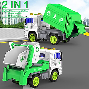 Gizmovine Garbage Truck Toys, 2 Pack Trash Truck Toys with Light and Sound, Friction-Powered Back Dump Garbage Recycling Truck Toy Set with 4 Trash Cans, Gift for 3+ Years Old Kids Boys Girls