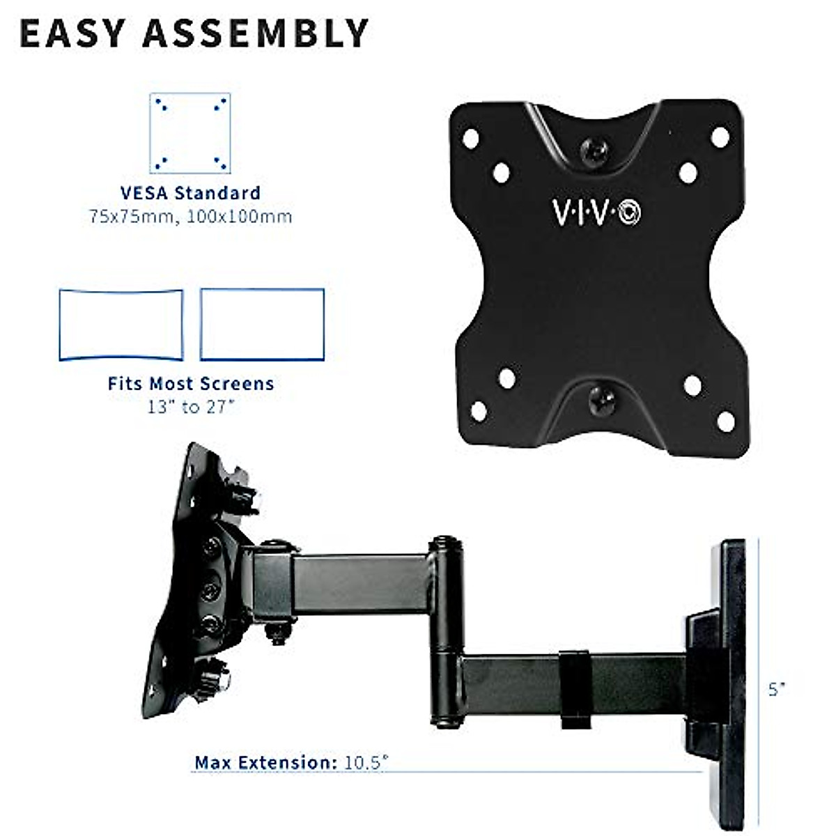 VIVO Full Motion Wall Mount for up to 27 inch LCD LED TV and Computer Monitor Screens, Tilt and Swivel Bracket with Max 100x100mm VESA, Black, MOUNT-VW01M