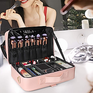 MONSTINA Cosmetic Bags 3 Layer Cosmetic Organizer Makeup Case Beauty Artist Storage Brush Box with Shoulder Strap (Large, PU Leather pink)