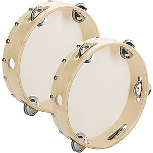 Tosnail Pack of 2 Pieces 7" Wooden Tambourine Hand Held Drum Bell, Single Row 5 Pairs Metal Jingles Percussion Musical Gift Educational Instrument for Kids and Adults