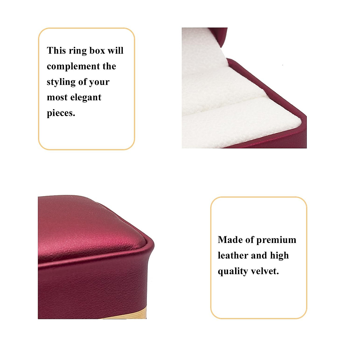 Eveynsh Wedding Engagement Ring Box Red, Square Leather Velvet Jewelry Ring Bearer Box, Premium Gorgeous Vintage Single Slot Ring Box for Proposal, Ceremony, Anniversary, Gift