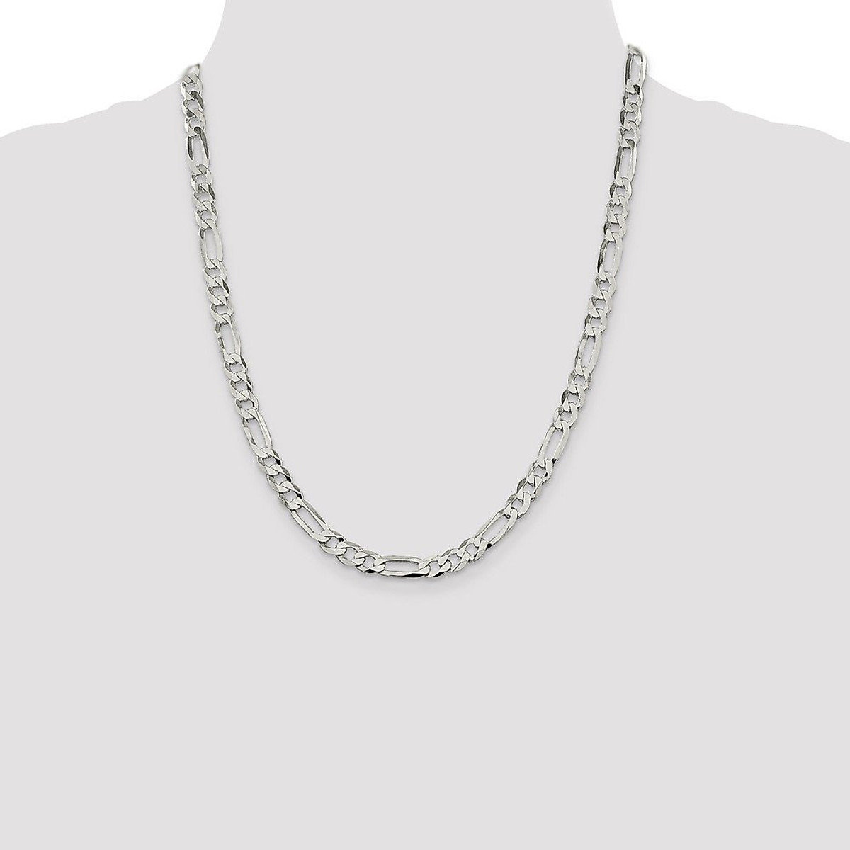 Solid 925 Sterling Silver 7.5mm Flat Figaro Chain Necklace - with Secure Lobster Lock Clasp 22"