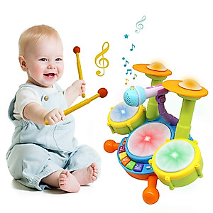 Drum Set for Kids with 2 Drum Sticks and Microphone, Musical Toys Gift for Toddlers… (Green)