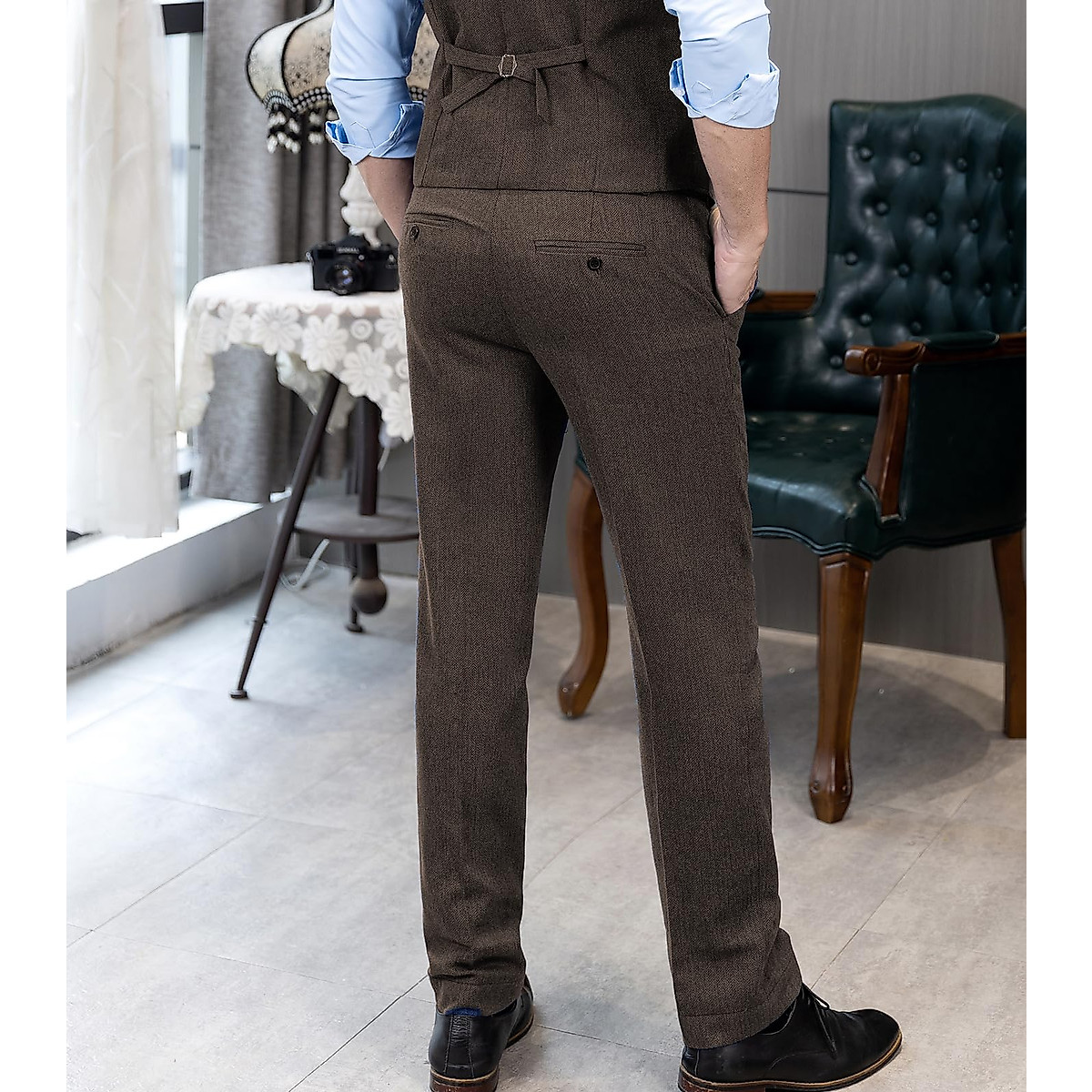 Ceehuteey Men's Retro Dress Suit Pants Thick Wool Flat Front Herringbone Tweed Trousers(Brown, 34W x 30L)