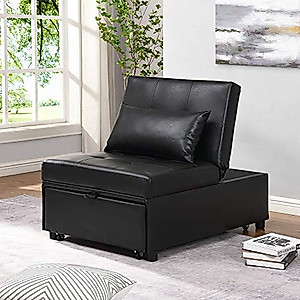 Sleeper Chair Bed, Convertible Chair Bed 4 in 1 Multi-Function Folding Ottoman Sofa Bed with Adjustable Backrest, Modern Single Bed Chair for Living Room/Small Space/Apartment, Black Faux Leather