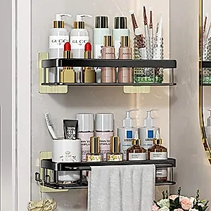 Shower Organizer 2pcs Shower Caddy Shower Shelf With Soap Holder Sticky Shower Shelf With towel hanging bar ,Shower Storage Rustproof Bathroom Caddy Wall Mounted (Black) shower racks for inside shower