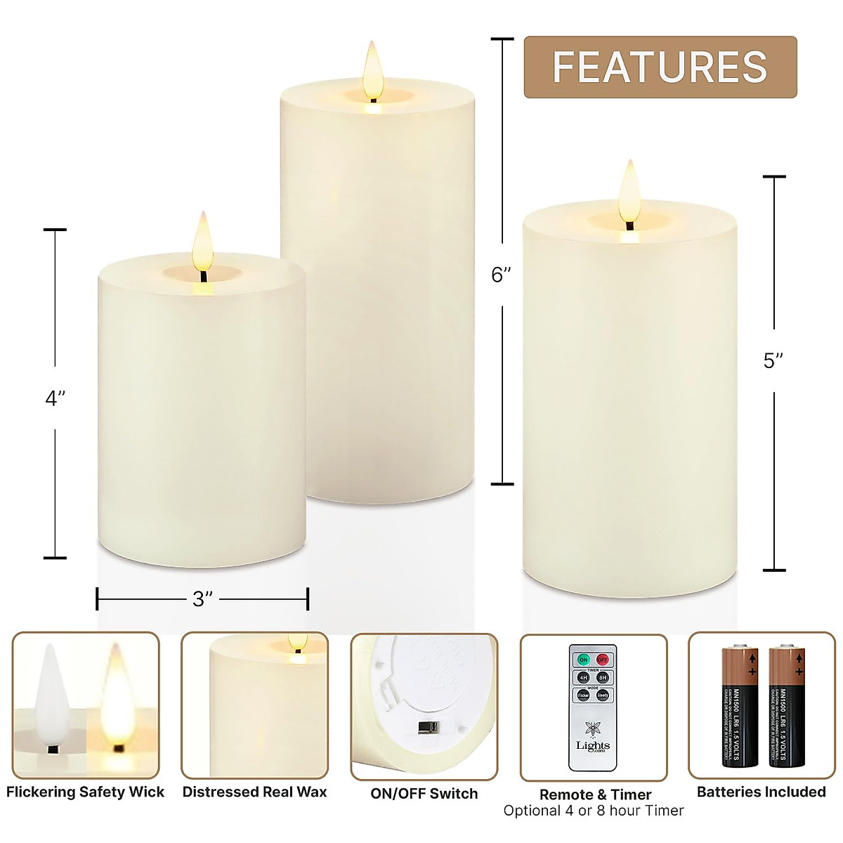 LampLust Realistic Flameless Candles with Remote - Set of 3, Batteries Included, Real Wax, 3D Flickering LED Flame, 3 Inch Diameter Pillar Candles for Mantel Decor, Valentine & Wedding Decorations
