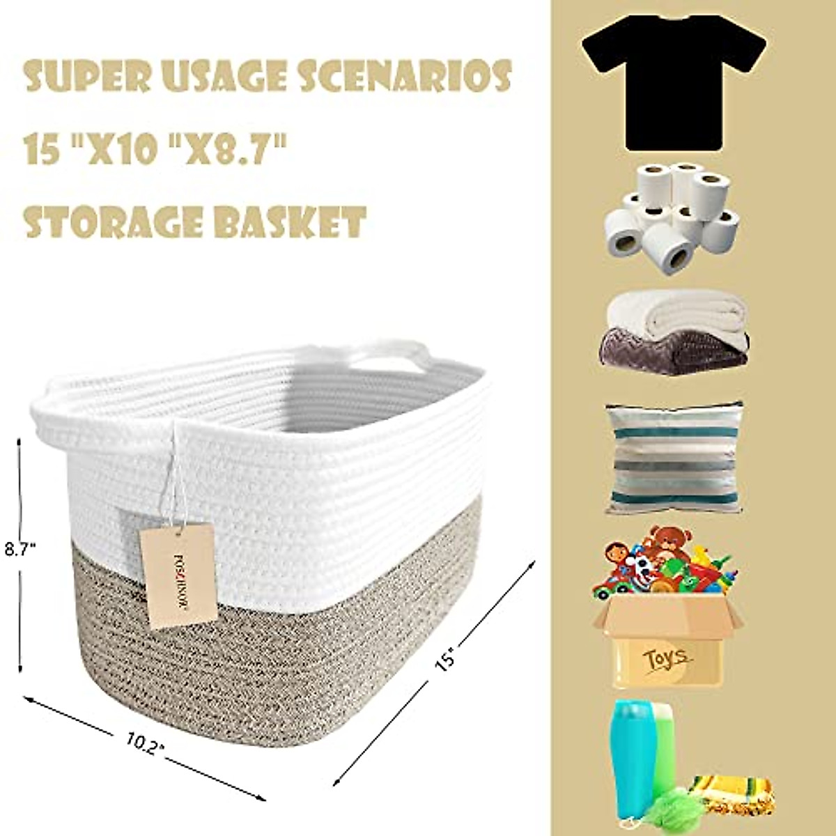 Storage Baskets 2 Pack, Woven Rope Baskets, Toy Storage, Gift Baskets empty, Baskets on Shelves, Blanket Baskets for Nursery, Laundry, Towels, Closets, Electronics, Cosmetics, Books, Toys, Brown/White.