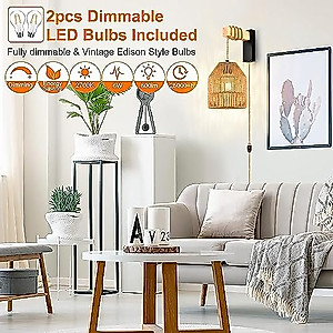 ZECOXOL Rattan Wall Sconce Boho Decor Plug in Set of Two Wicker Lamp with Cord Dimmable Woven Hanging Lamps That Into Outlet Rustic Light for Bedroom Living Room Black 001