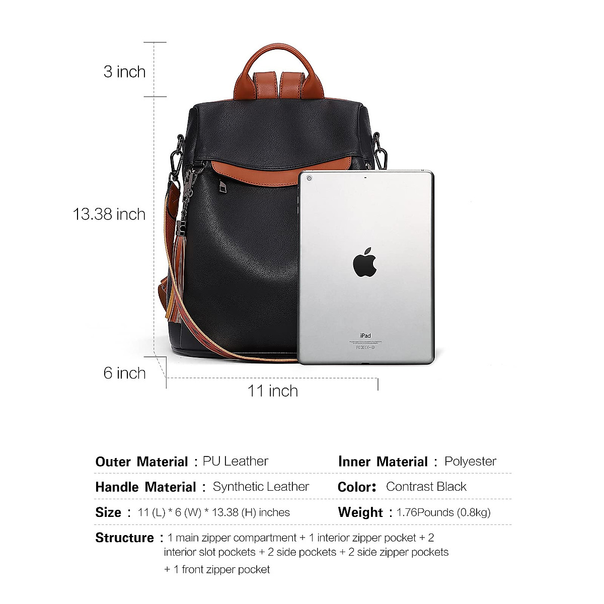 Telena Backpack Purse for Women, PU Leather Anti Theft Travel Purse Shoulder Bags with Tassel Contrast Black