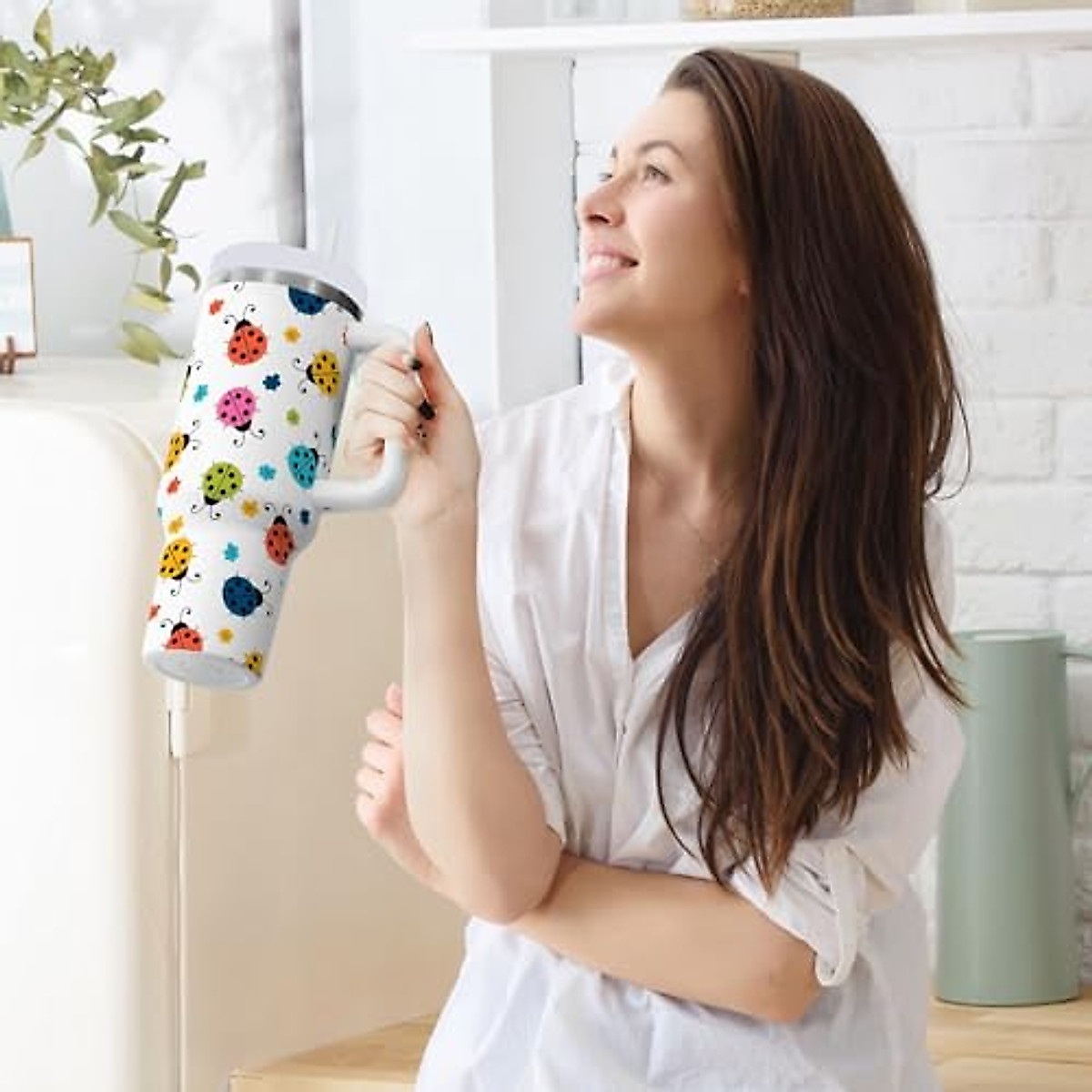 ARGTILDN 30 oz Tumbler Colorful Ladybugs Flowers Insulated Travel Mug with Handle and Straw Lid Stainless Steel Vacuum Coffee Cup Tea Beverage Container Water Bottles for Car Sports office