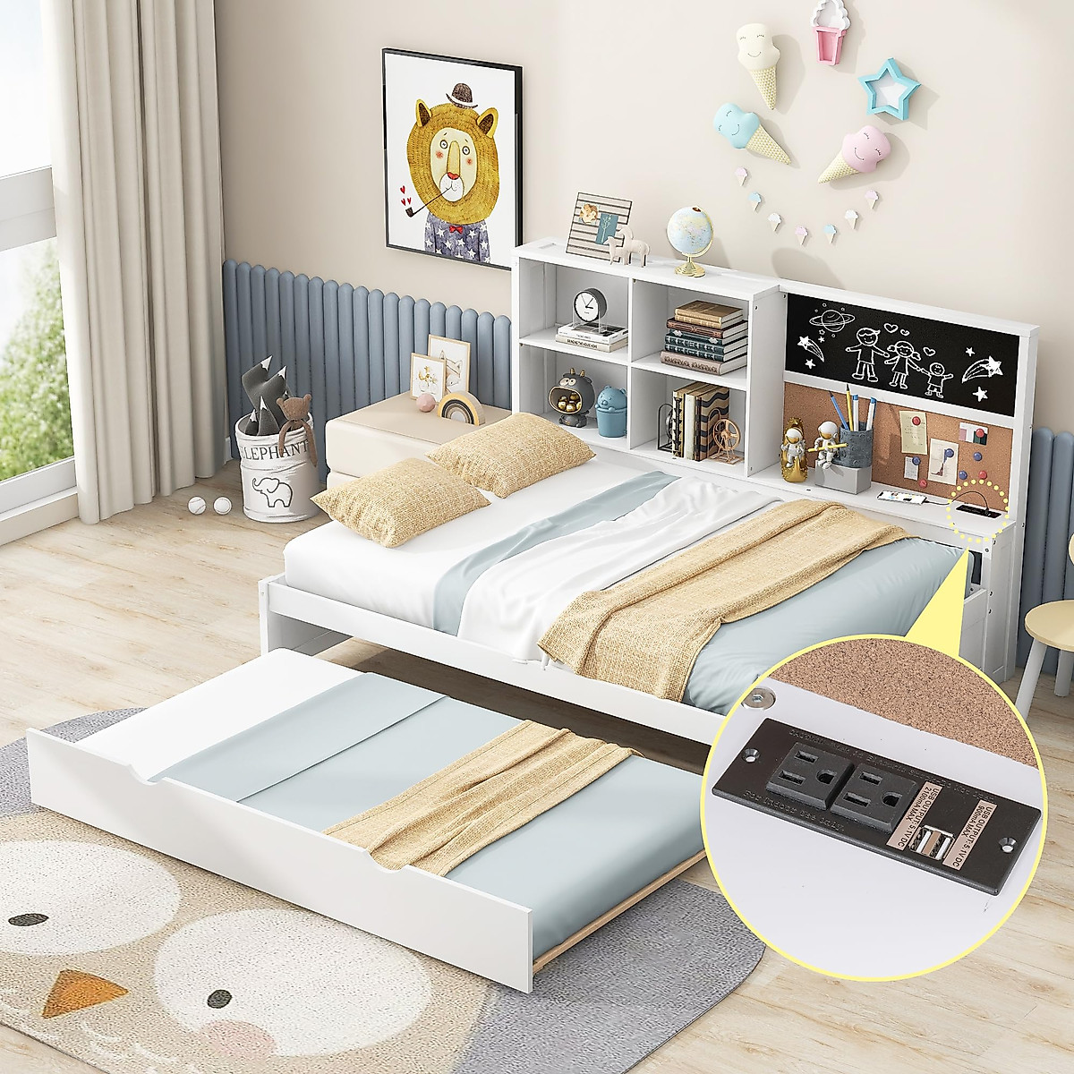 White Full Daybed with Twin Size Trundle, USB Ports and Storage Shelves, Wood Full Size Bed Frame with Blackboard, Cork board and Bookshelf, Full Sofa Bed for Living Room Bedrooms