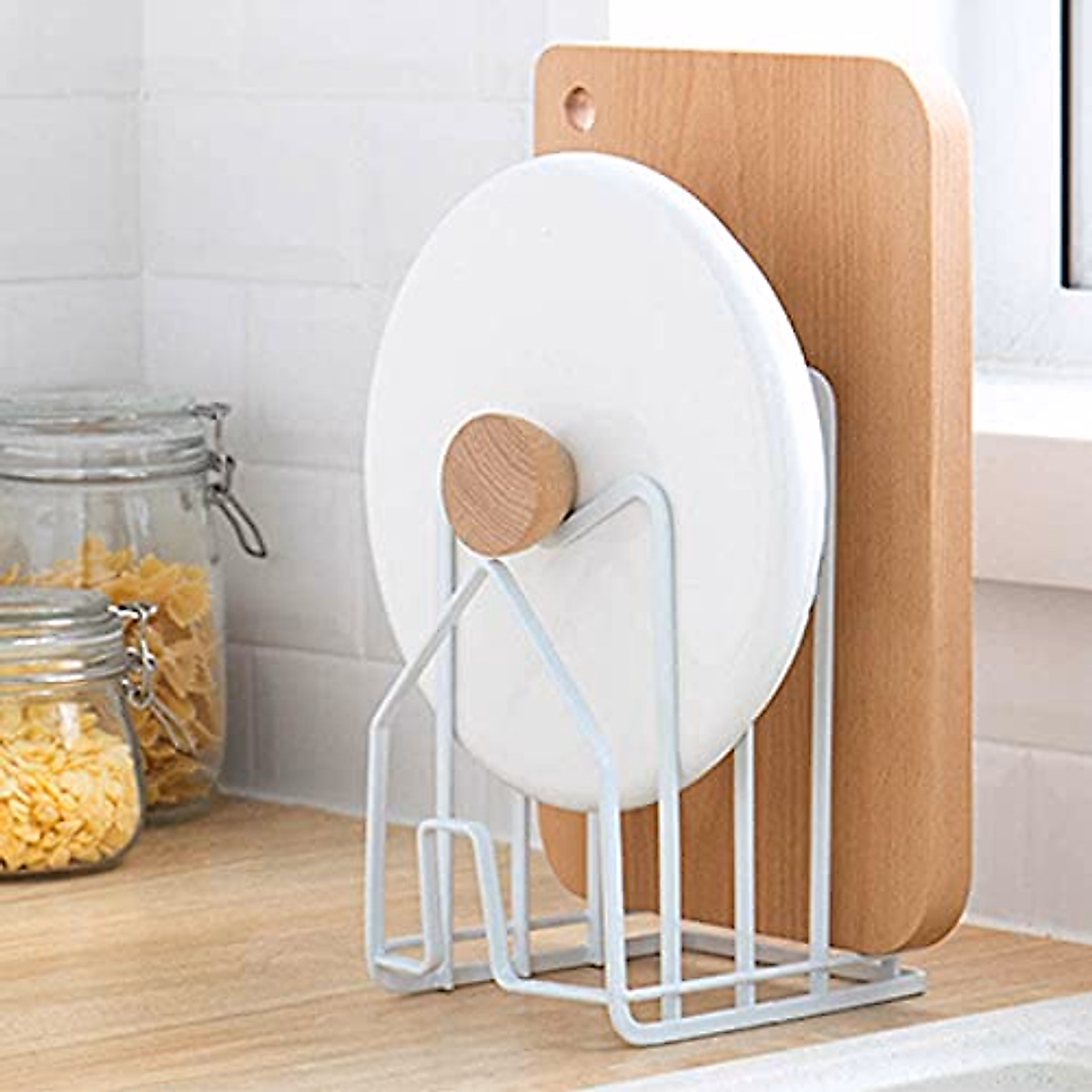 SUNFCON Cutting Board Rack Chopping Board Organizer Pot Pan Lids Holder Thin Bakeware Baking Tray Drying Display Stand Kitchen Countertop Cupboards Cabinet Office Sturdy Metal 4.92x5.7x8.47 in.White