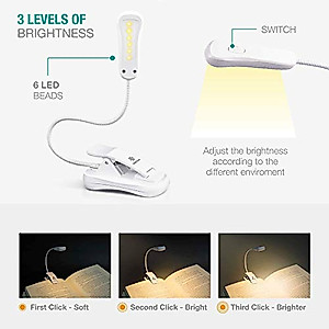 Vekkia 3000K Warm LED Rechargeable Book Light, Easy for Eyes, Clip on Reading Lights for Reading in Bed, Car & Travel, Lightweight Slim 2.1 oz. Perfect for Readers (Elegant White)