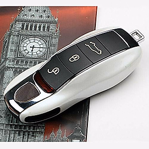 Car Key Case For Porsche 911 Panamera Macan Boxste Key Fob Protector Cover Shell Case Trim Replacement (White + Silver)