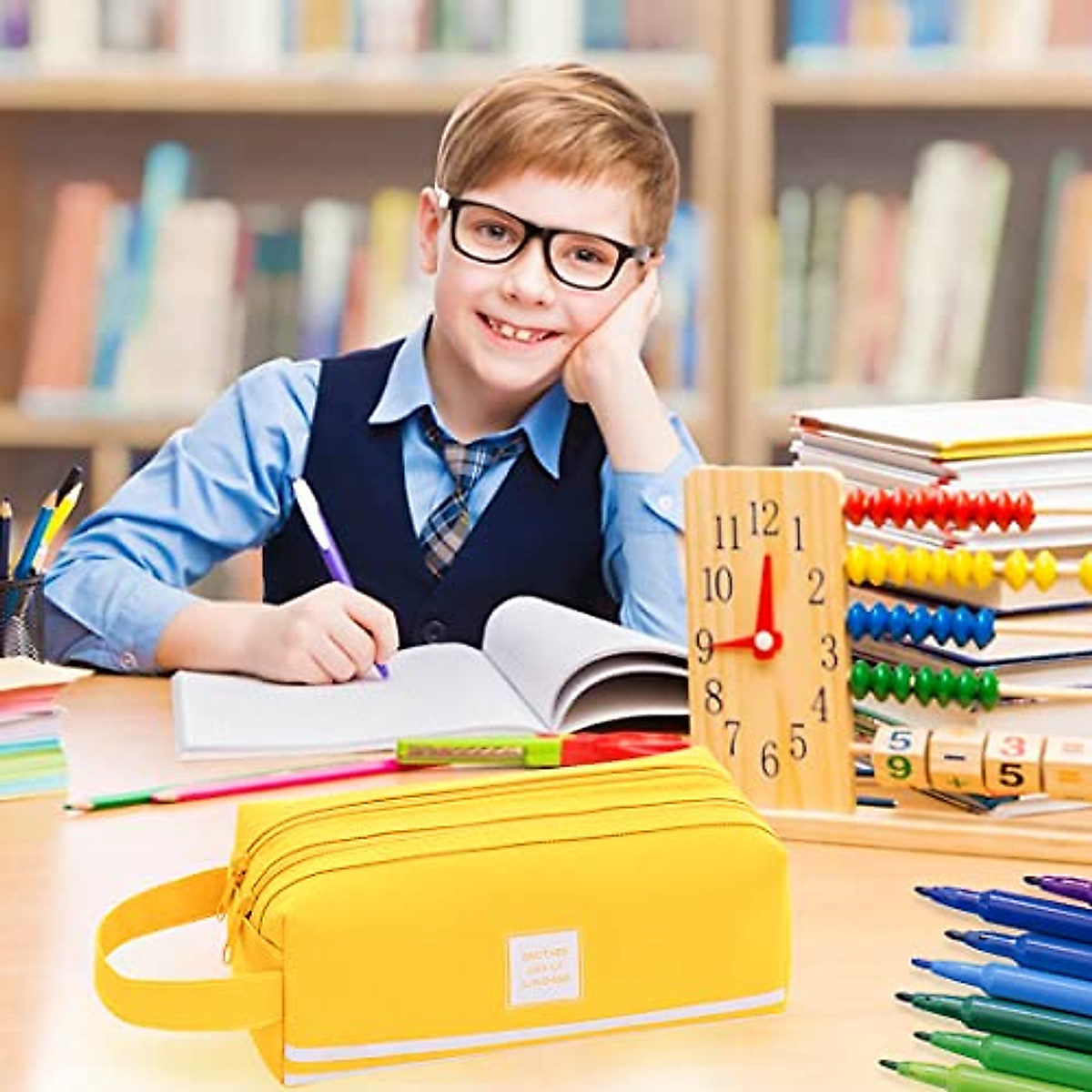 Rolin Roly Yellow Pencil Case Lager Capacity Pen Bag Stationery Storage Case Double Zipper Canvas Pen Box with Handle Organizer Makeup Cosmetics Adults Students Business Office