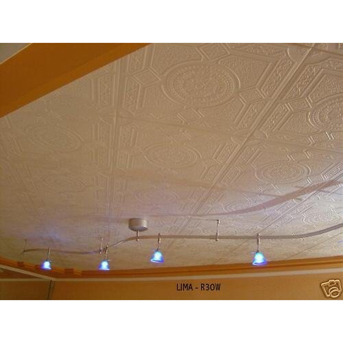 Lima R30W 20 x 20 Tin Looking Styrofoam Glue Up White Ceiling Tile by Euro-Deco Ceilings, Inc.