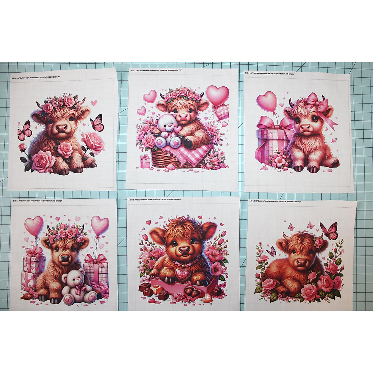6 Piece 5"x5" Pink Valentine Baby Highland Cows 100% Cotton Fabric Panel Squares - Quilting Panel Blocks