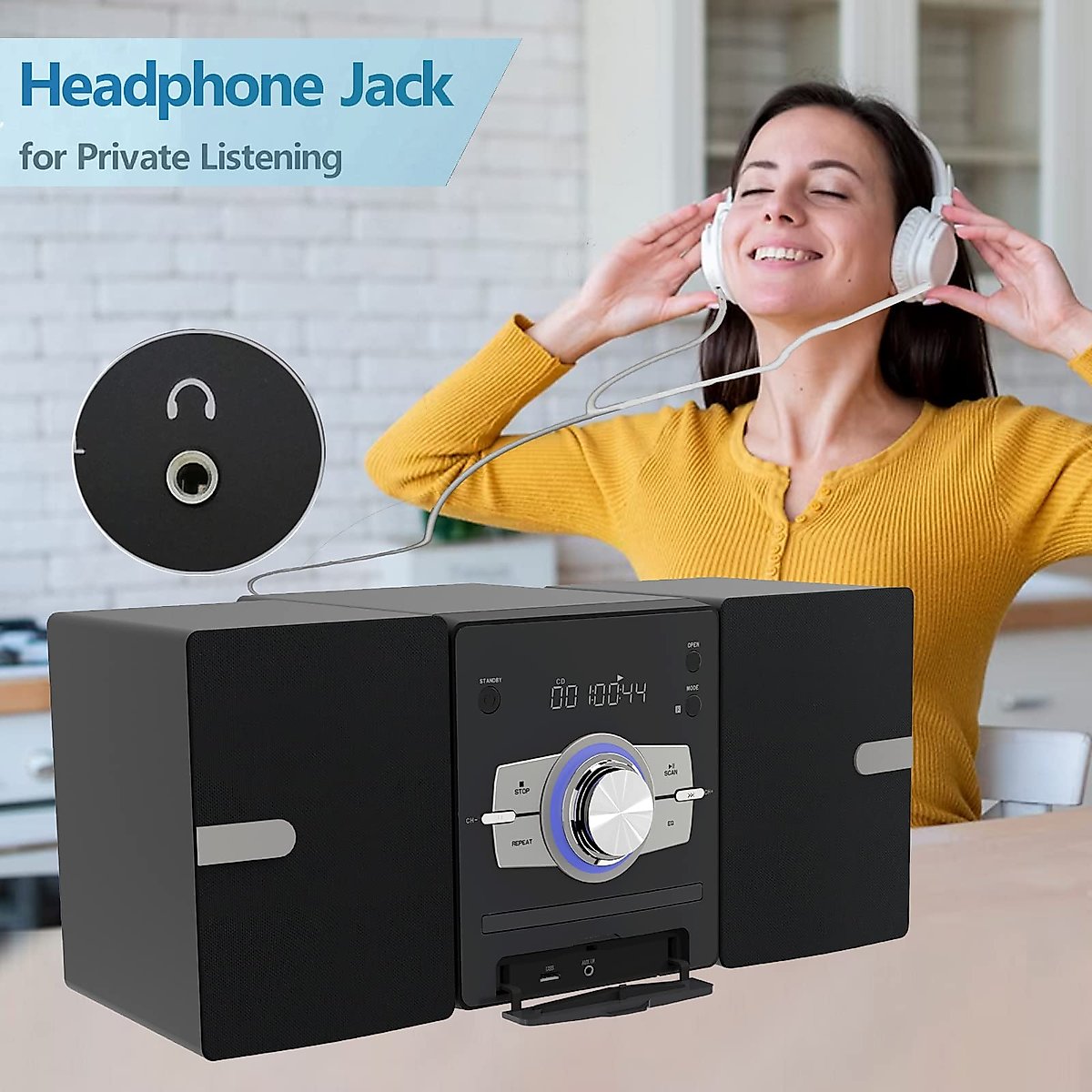 Micro CD Stereo Shelf System, 30W RMS Hi-Fi System with CD Player, Bluetooth, USB Playback, FM Radio, AUX-Input, 2-Way Music Crisp-Sound, DSP-Tech