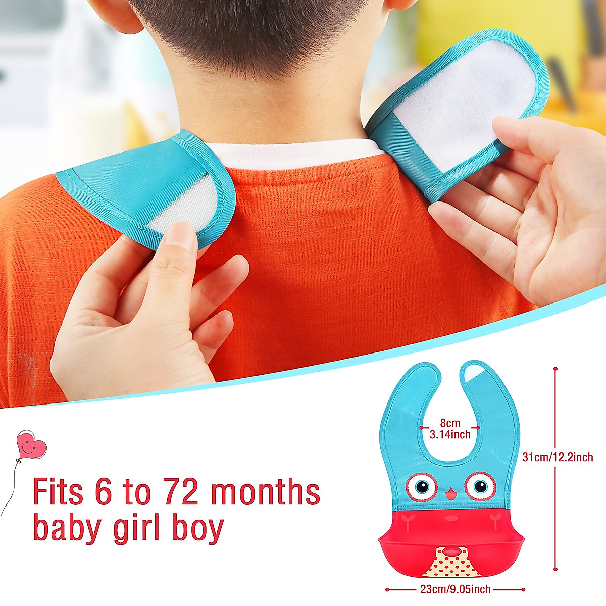 HAHA Baby Silicone Bibs for Girls Boys Eating Feeding Toddler Waterproof Roll-Up Bib with Food Catcher Unisex Infant Bibs for Babies, 2 Pack (Red&Beige/Blue&Red)