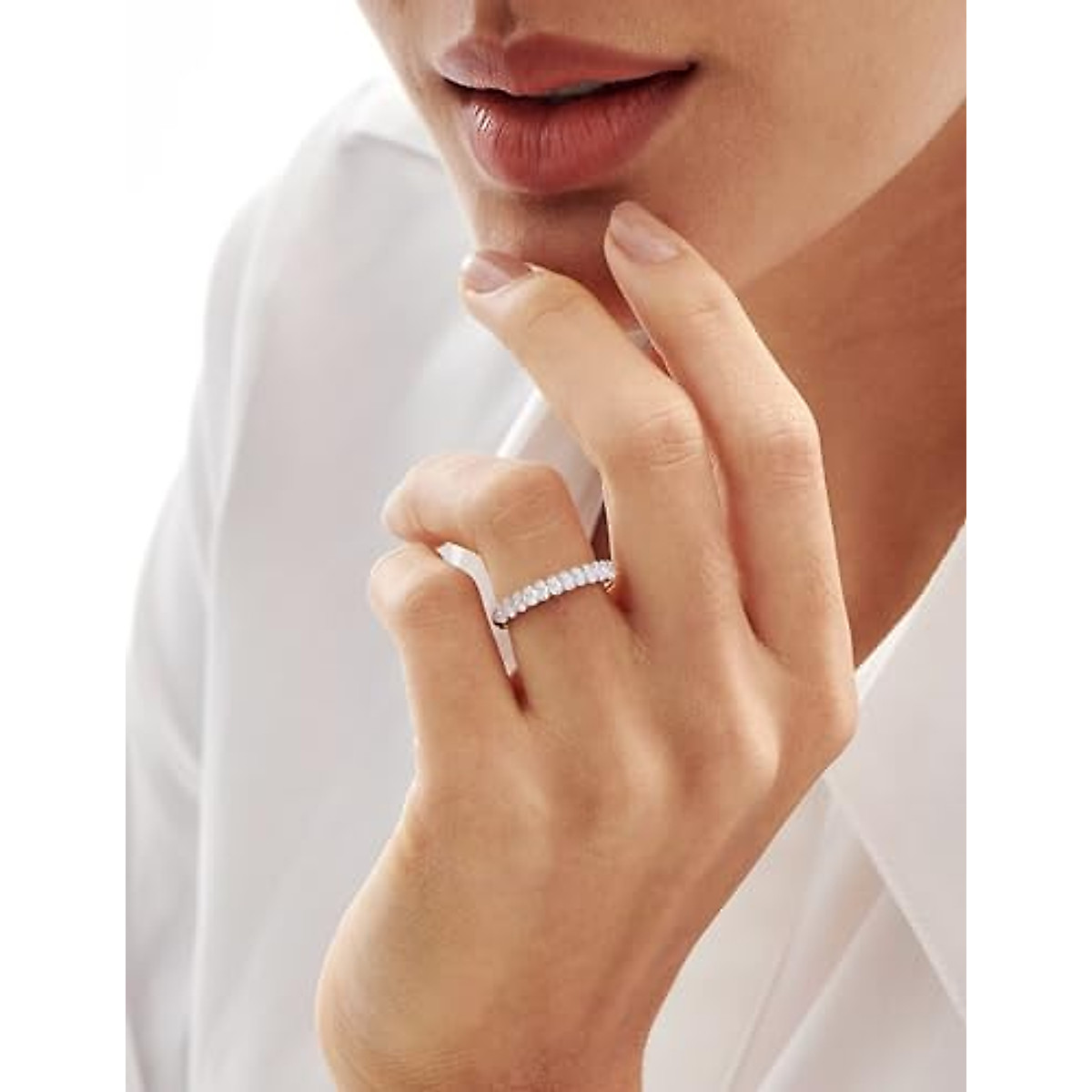 Wedding Band Oval Moissanite Rings: Silver Eternity Ring for Women with Oval Cut Moissanite, Size 5