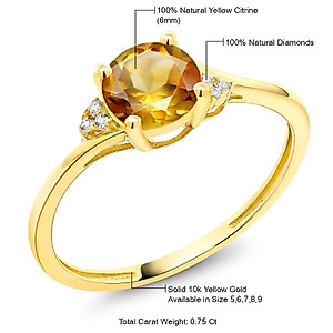 Gem Stone King 10K Yellow Gold Yellow Citrine and Diamond Accent Engagement Ring For Women (0.75 Cttw, Gemstone Birthstone, Available in size 5, 6, 7, 8, 9)