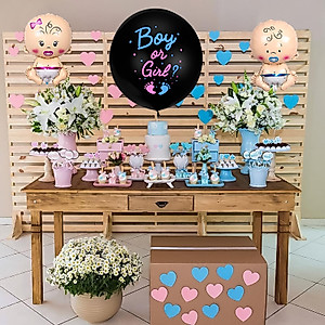 BLOOMWIN 2pcs Black Gender Reveal Balloons 36“ with Heart Confetti, Baby Boy and Girl Large Foil Balloons, Boy or Girl Gender Reveal Decorations Kit Baby Shower Pink and Blue