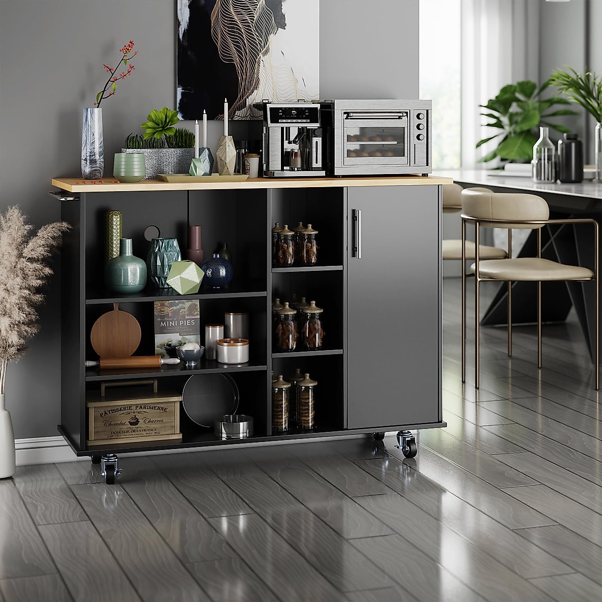 QAQA 48" Kitchen Island Cart Furniture cart on Wheels with Storage，Rolling Portable Dining Room Serving Utility Carts Mobile Movable with Drawers Cabinet,Black