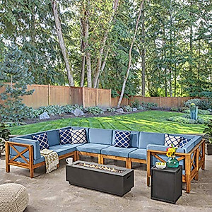 Great Deal Furniture GDFStudio Outdoor Farmhouse Acacia Wood 8 Seater U-Shaped Sectional Sofa Set with Fire Pit, Teak, Blue, and Dark Gray