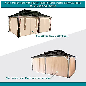 Hard Top Gazebo, Galvanized Steel Double-Layer Roof Aluminum Outdoor Gazebo, with Curtains and Nets, Permanent Use Backyard Pavilion, Suitable for Patio, Garden and Lawn (12'x20', Brown)