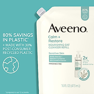 Aveeno Calm + Restore Nourishing Oat Facial Cleanser for Sensitive Skin, Gentle Face Wash with Nourishing Oat & Calming Feverfew, Hypoallergenic, Fragrance-Free, Refill Pouch, 16 fl. oz