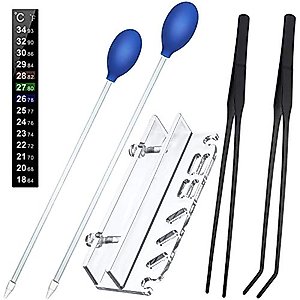 6 Pieces Coral Feeder Set 30 cm and 35 cm Long Acrylic Marine Fish Reef Feeding Tube and Stainless Steel Straight and Curved Tweezers with Tool Holder and Aquarium Thermometer Sticker for Aquarium Pet