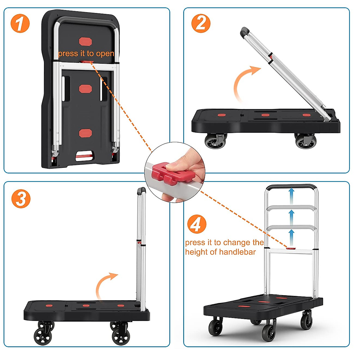 Platform Truck Foldable Push Cart Dolly 330lb Weight Capacity, Adjustable Hand Truck Handle with 360 Degree Swivel Wheels for Garage Garden Home & Office Use, Black