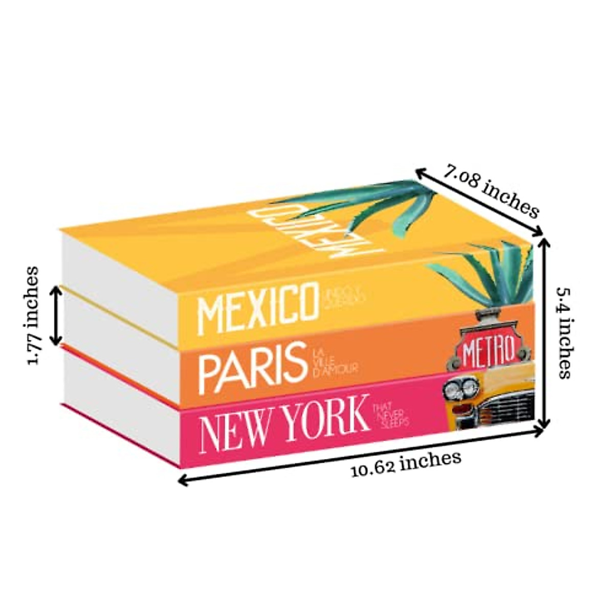 InspireMe Decorative Books for Home Decor, Faux Book Storage Box, Travel Table Books - Paris, New York, Mexico - Set of 3