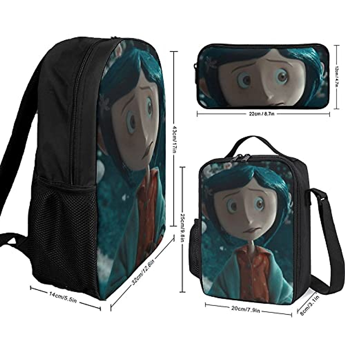 Zqiyhre Cora Backpack 3 PCS Set, Printing Anime Travel Laptop Backpack Pencil Case Lunch Bag for Students