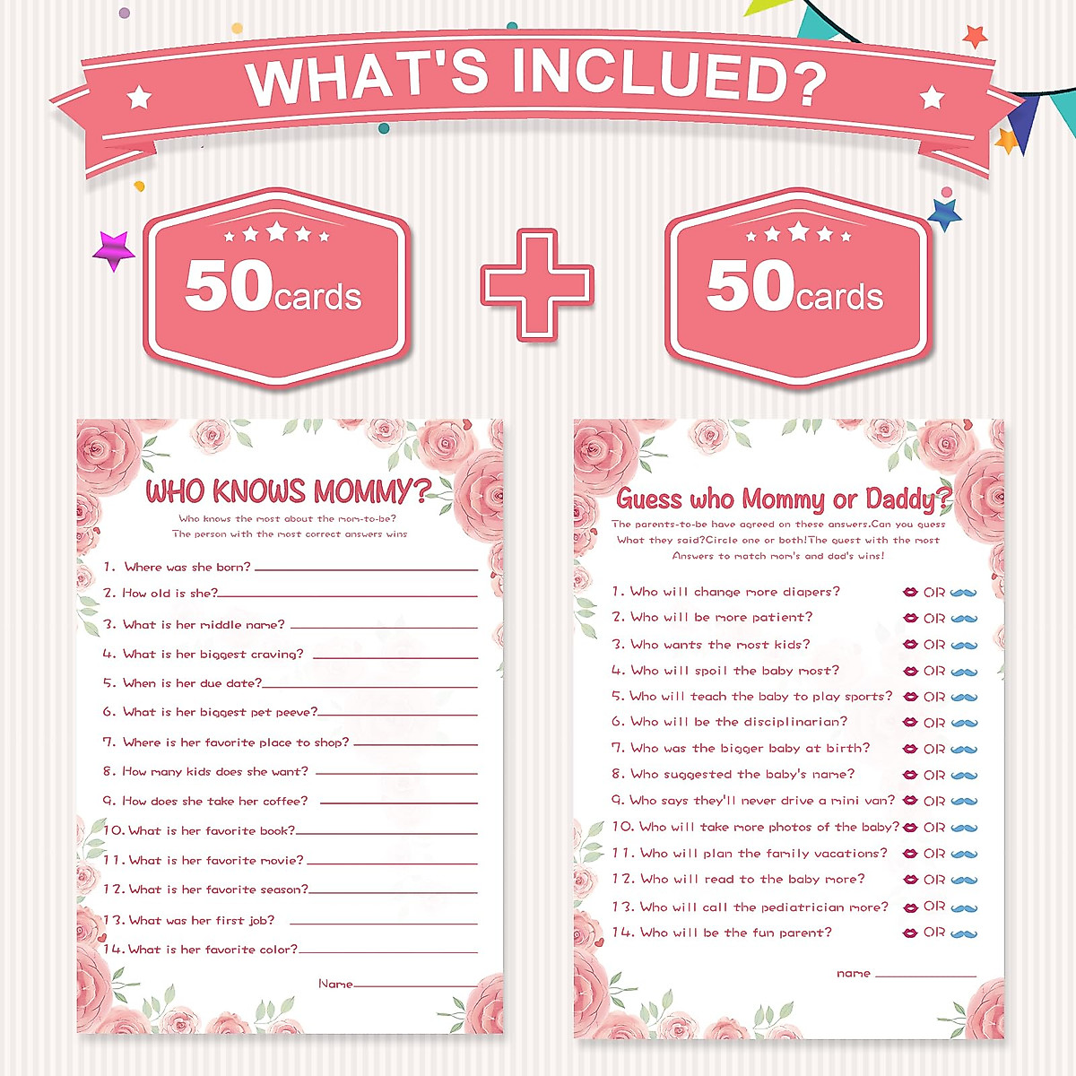 OLOUTAB Baby Shower Games for Girl-2 Games(50 of Each),Who Knows Mommy Best&Guess Who Mommy or Daddy,Double-Sided,Fun,Hilarious and Easy to Play