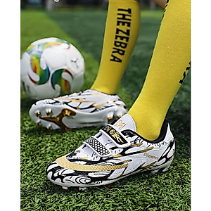 Fenlogft Kids Soccer Cleats Boys Girls Turf/FG/AG Athletic Football Shoes with Tape and Multiple Stud Types, Low-Top Leather Upper Sneakers (Gold Spike,1,Little Kid,Little_Kid)