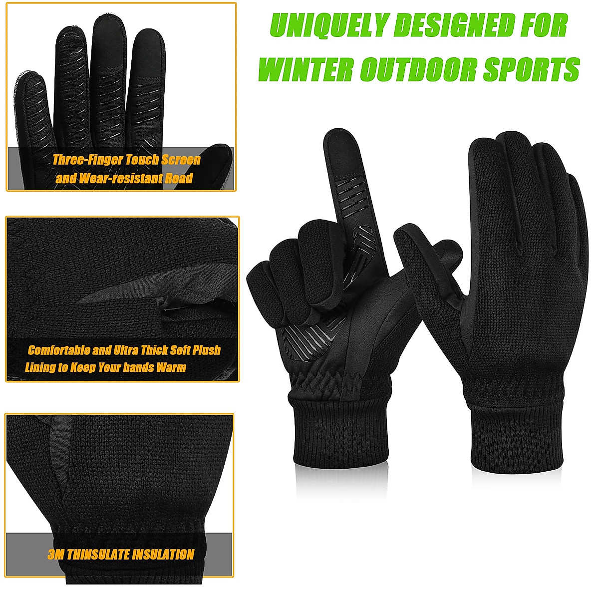 MOREOK Winter Gloves -10°F 3M Thinsulate Warm Gloves Bike Gloves Cycling Gloves for Driving/Cycling/Running/Hiking-BALCK-L