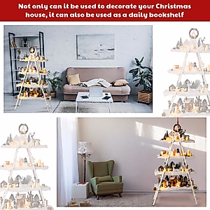 Quzzil Christmas Village Display Shelves 4 Tier Ladder Bookshelf A Shaped Bookcase with Artificial Snow Blanket Tall Wooden Ladder Shelf Storage Organizer for Living Room Home Office (White)