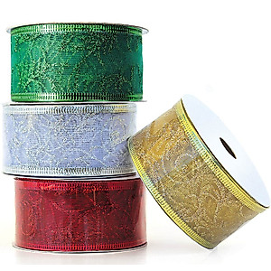 Christmas Ribbon Wired 1.5 Inch Set of 4 Ribbon Wire Red, Green, Gold, Silver/White Sheer Organza Glitter Gift, Xmas Ribbons Decoration, Holiday Craft, Gifts Wrap 40 Yards / 10 Yard Ea. Roll