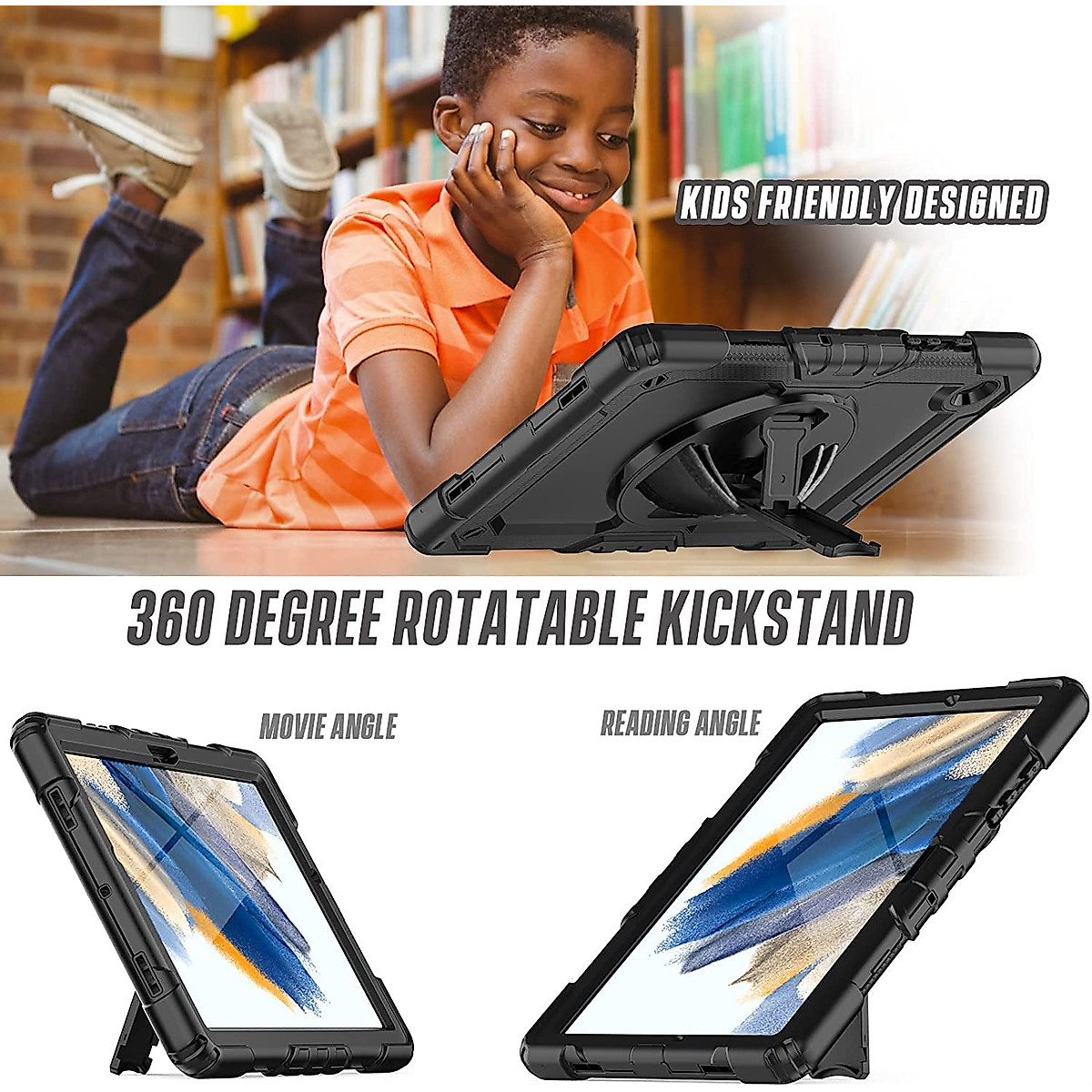 Herize Case Compatible with Samsung Galaxy Tab A8 10.5 Inch 2022 SM-X200/SM-X205/SM-X207 with Screen Protector Pencil Holder | Heavy Duty Sturdy Protective Case W/Stand Hand Shoulder Strap | Black