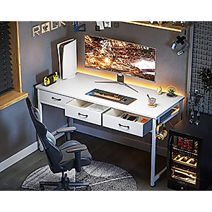 ODK 55 Inch Computer Desk with 3 Fabric Drawer, Home Office Desk Modern Work Writing Study Desk, White