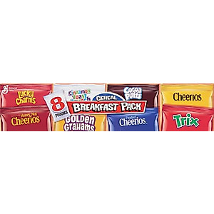 General Mills Breakfast Cereal Variety Pack, Lucky Charms, Cinnamon Toast Crunch, and Cheerios Varieties, Single Serve Snacks, 9.14 oz (8 Pouches)