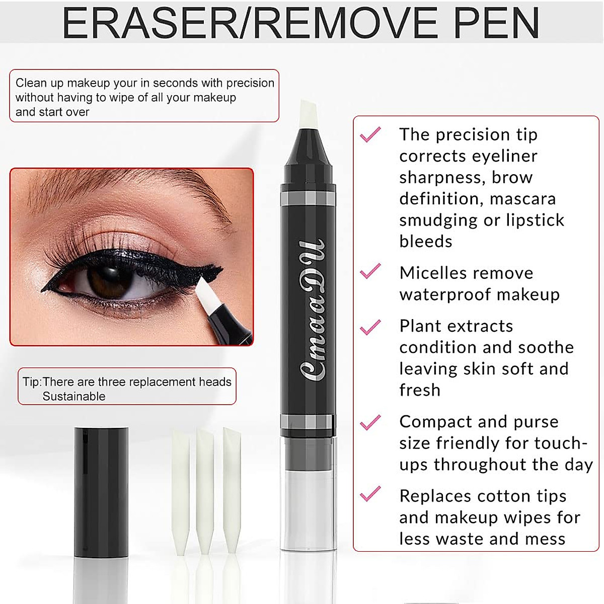 Easilydays Eye Makeup Remover Pen, Makeup Remover Eraser Stick Corrector Stick Lipstick Eyeliner Eraser for Instant Touch Up Correction, Mascara Smudges Correction,Travel-Friendly Makeup Removing Pen With 3 Replacement Heads
