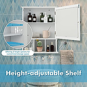 Tangkula Wall-Mounted Bathroom Cabinet, 2-in-1 Storage Organizer with Mirror Door, Wall-Mounted Medicine Cabinet with Adjustable Shelf & 3 Open Compartments for Bathroom, Living Room, Entryway